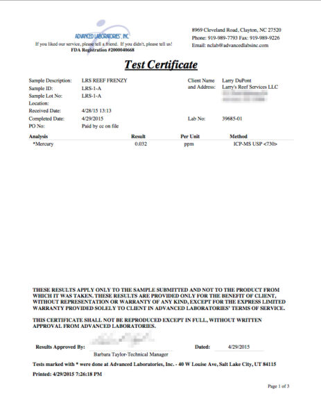 LRS Hg Results Certificate_redacted - CORAL Magazine